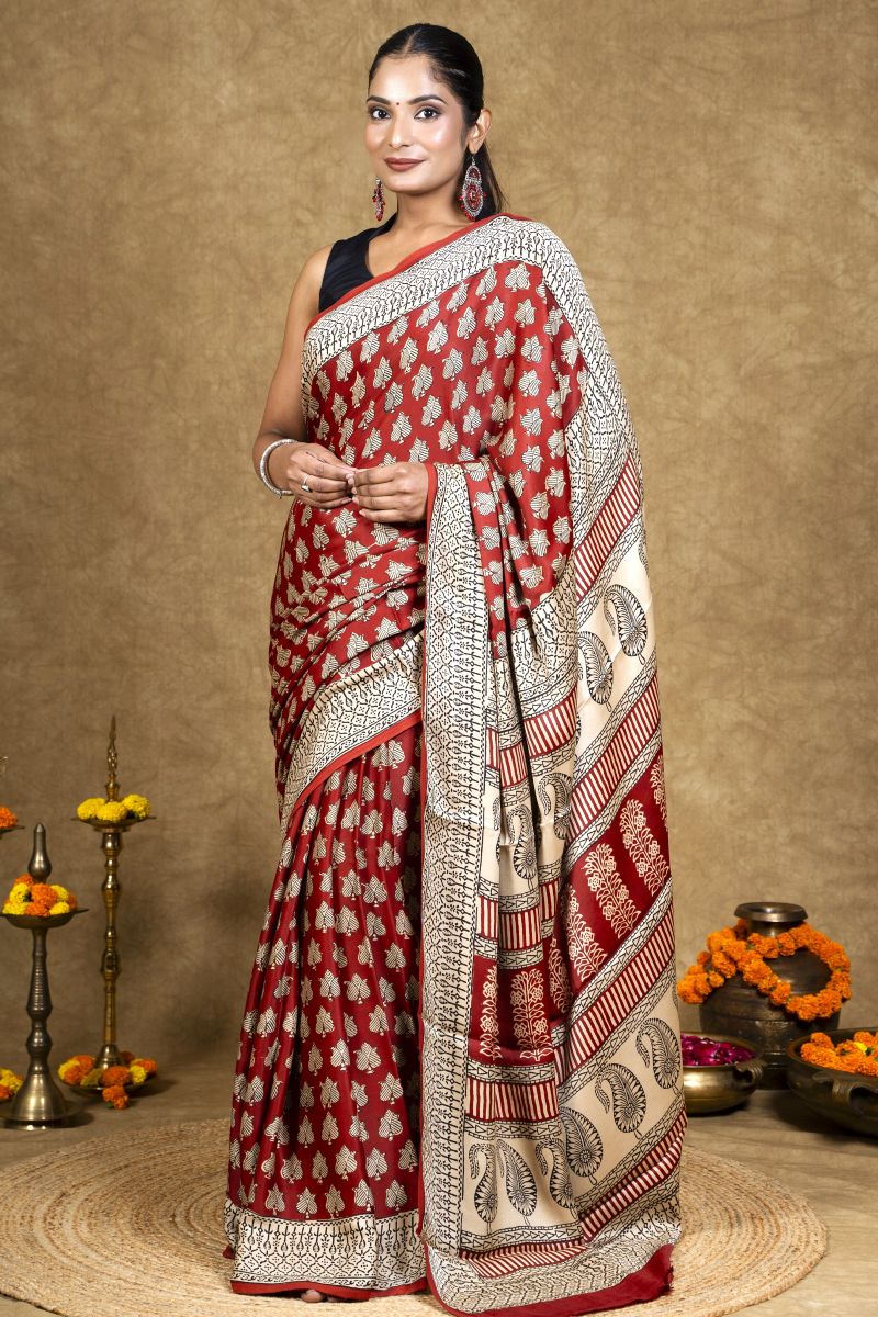 Bagh Hand Block Printed Modal Silk Saree | House of Elegance – House Of ...