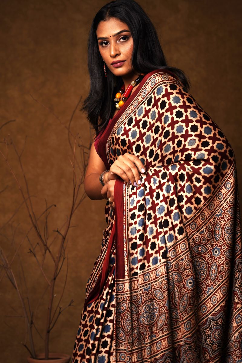 Maroon Starry Squad Modal Silk Ajrakh Saree - House Of Elegance – House ...