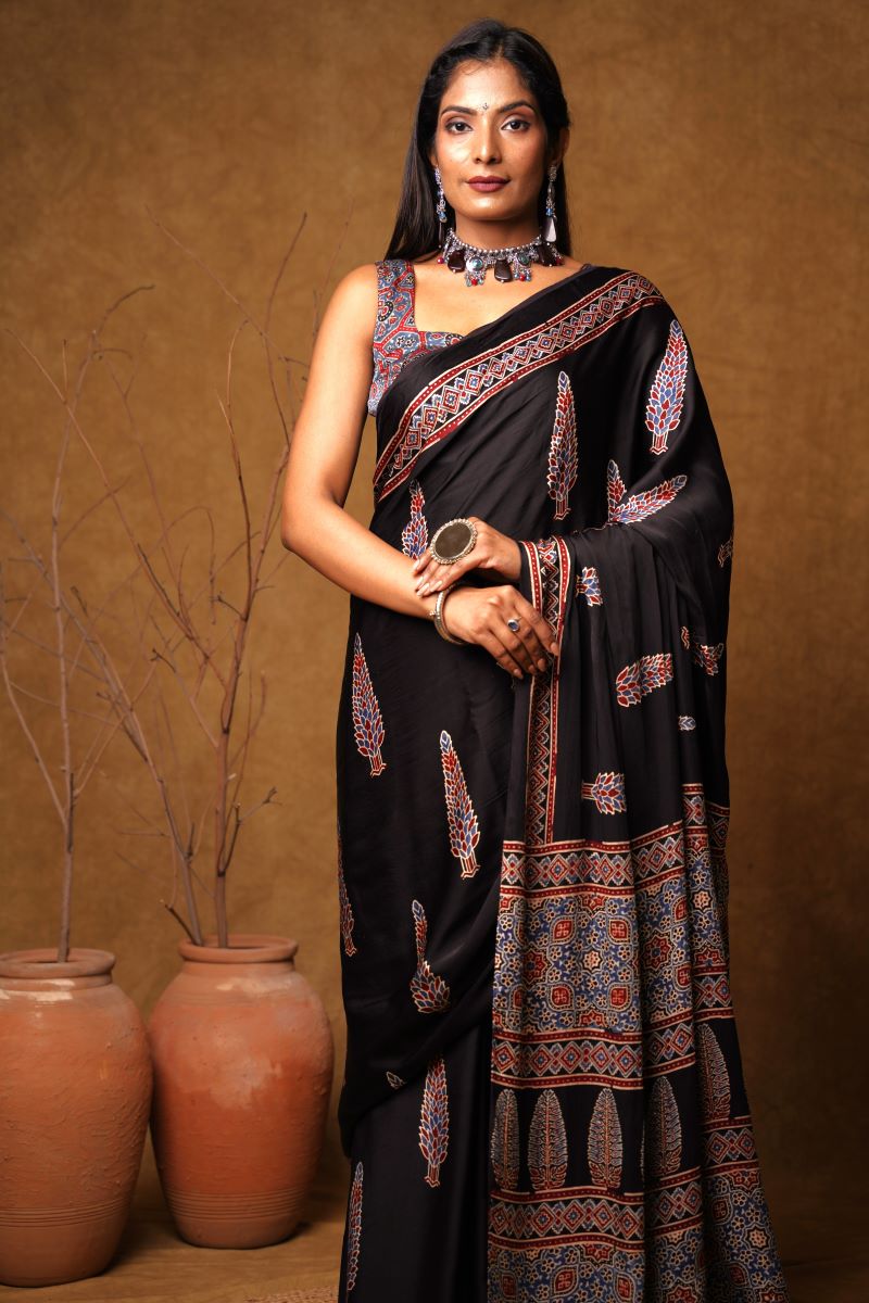 Ajrakh Sarees | Buy Ajrakh Modal Silk Sarees Online In India – House Of ...