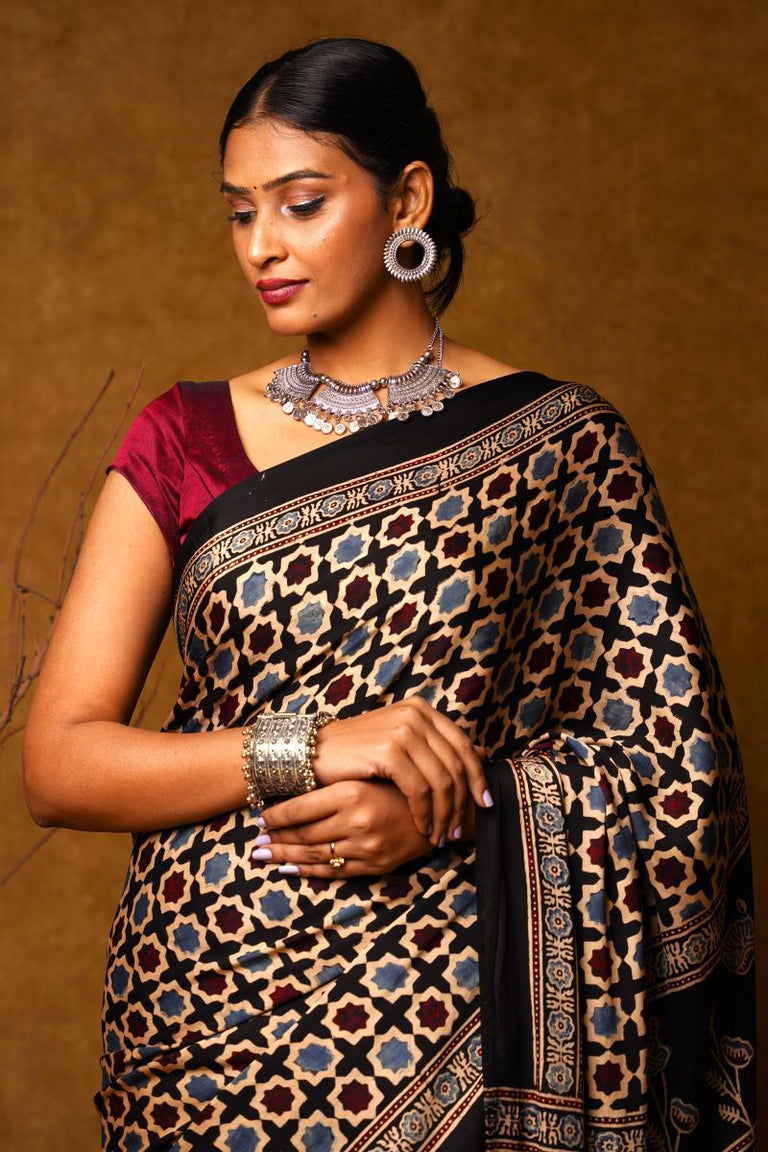 Black Starry Squad Modal Silk Ajrakh Saree - House Of Elegance – House ...