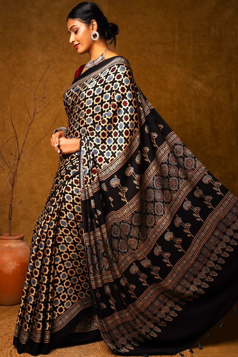 Black Starry Squad Modal Silk Ajrakh Saree - House Of Elegance – House ...