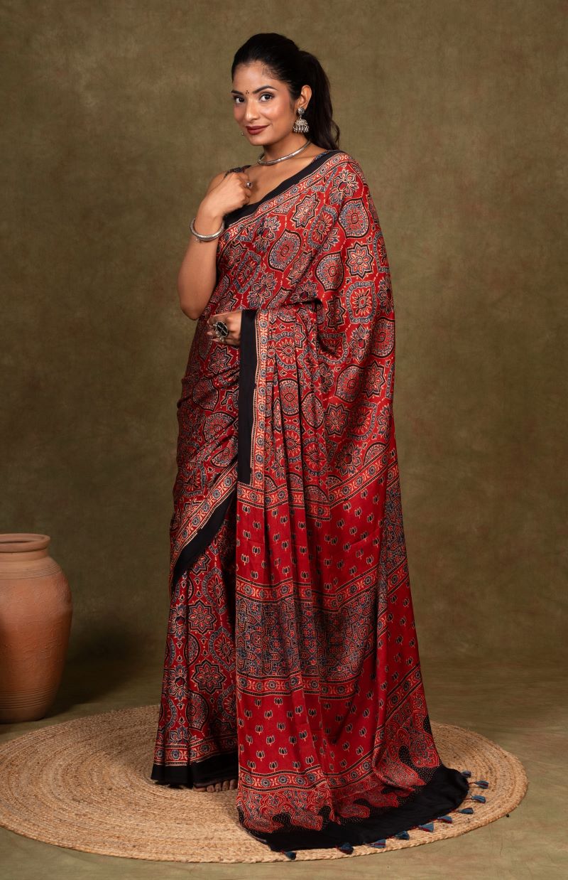Red String Minkundi Modal Silk Ajrakh Saree - House Of Elegance – House ...