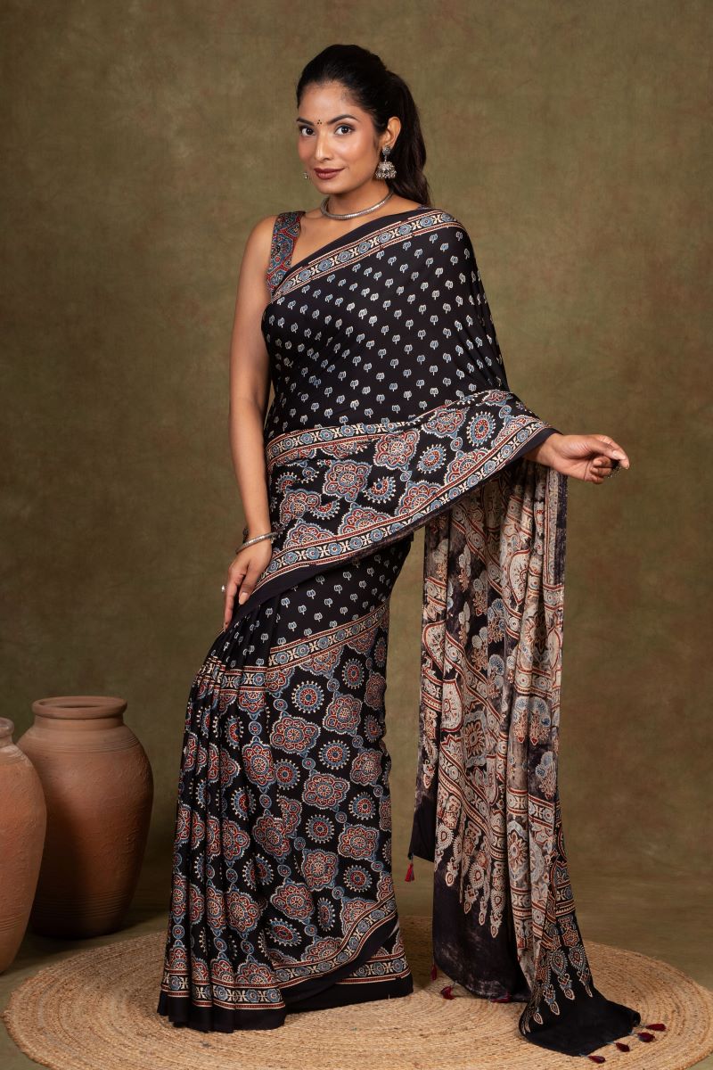 Buy Black Buti By Riyal Modal Silk Ajrakh Saree - House Of Elegance ...