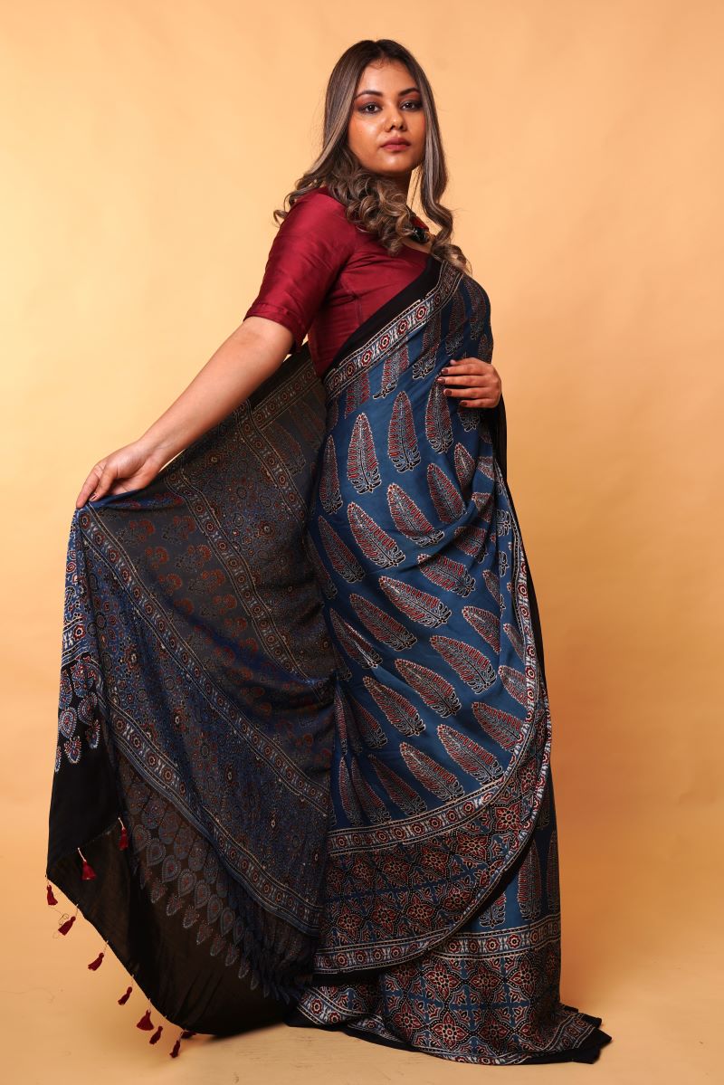 Indigo Asopalav Modal Silk Ajrakh Saree: House Of Elegance – House Of ...