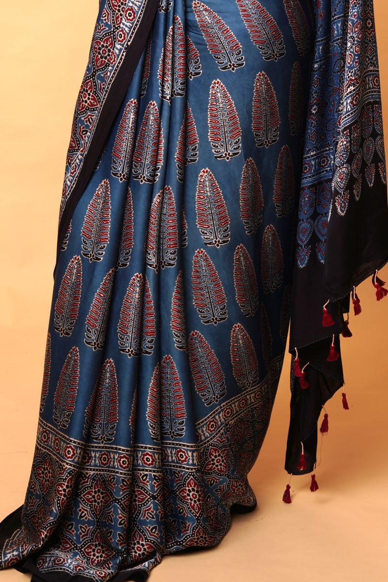 Indigo Asopalav Modal Silk Ajrakh Saree: House Of Elegance – House Of ...