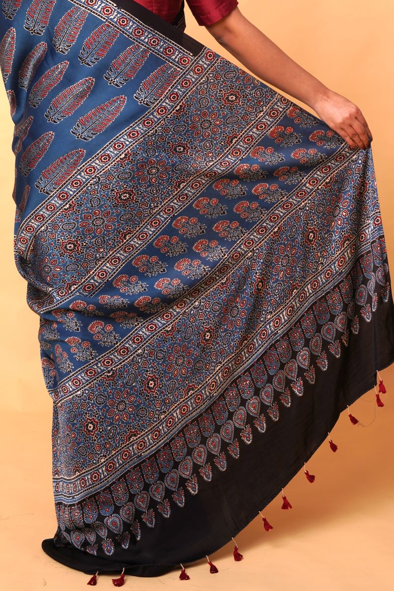 Indigo Asopalav Modal Silk Ajrakh Saree: House Of Elegance – House Of ...
