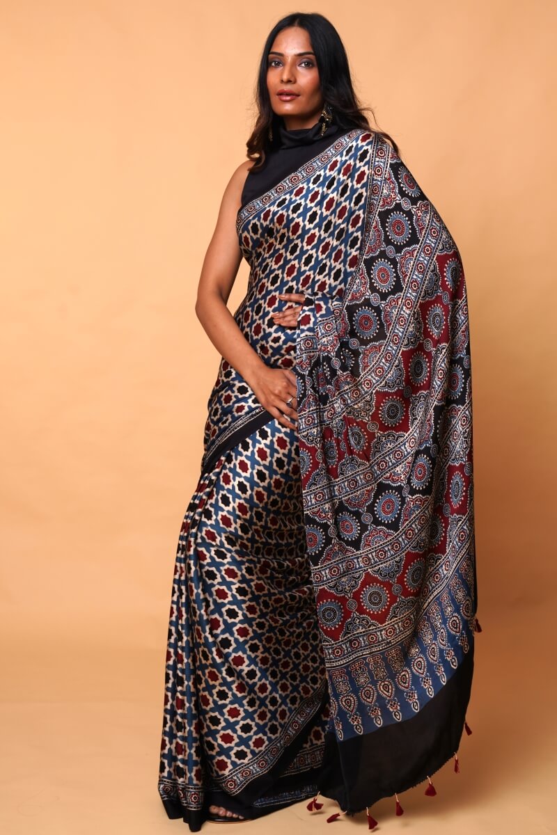Indigo Starry Squad Modal Silk Ajrakh Saree - House Of Elegance – House ...